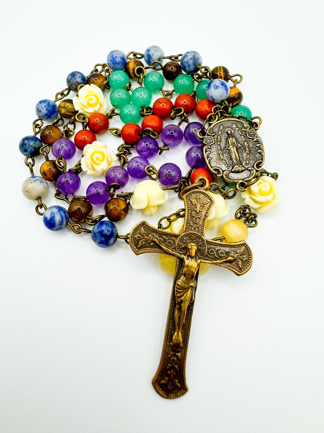 Colorful Catholic Rosary | Mixed-stone | Miraculous Medal | White Rose ...