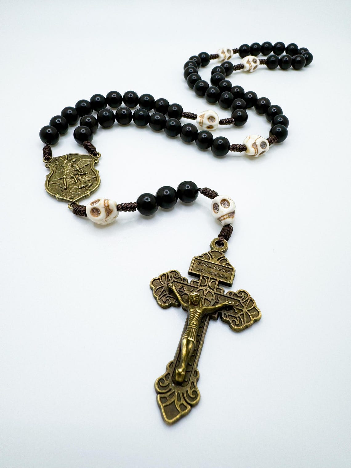 Handmade Ebony Catholic Rosary | Skull Beads, St. Michael Crucifix - Etsy