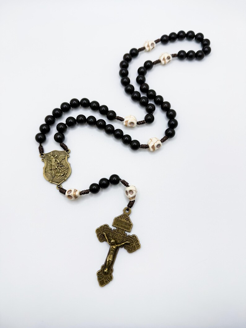 Handmade Ebony Catholic Rosary | Skull Beads, St. Michael Crucifix - Etsy