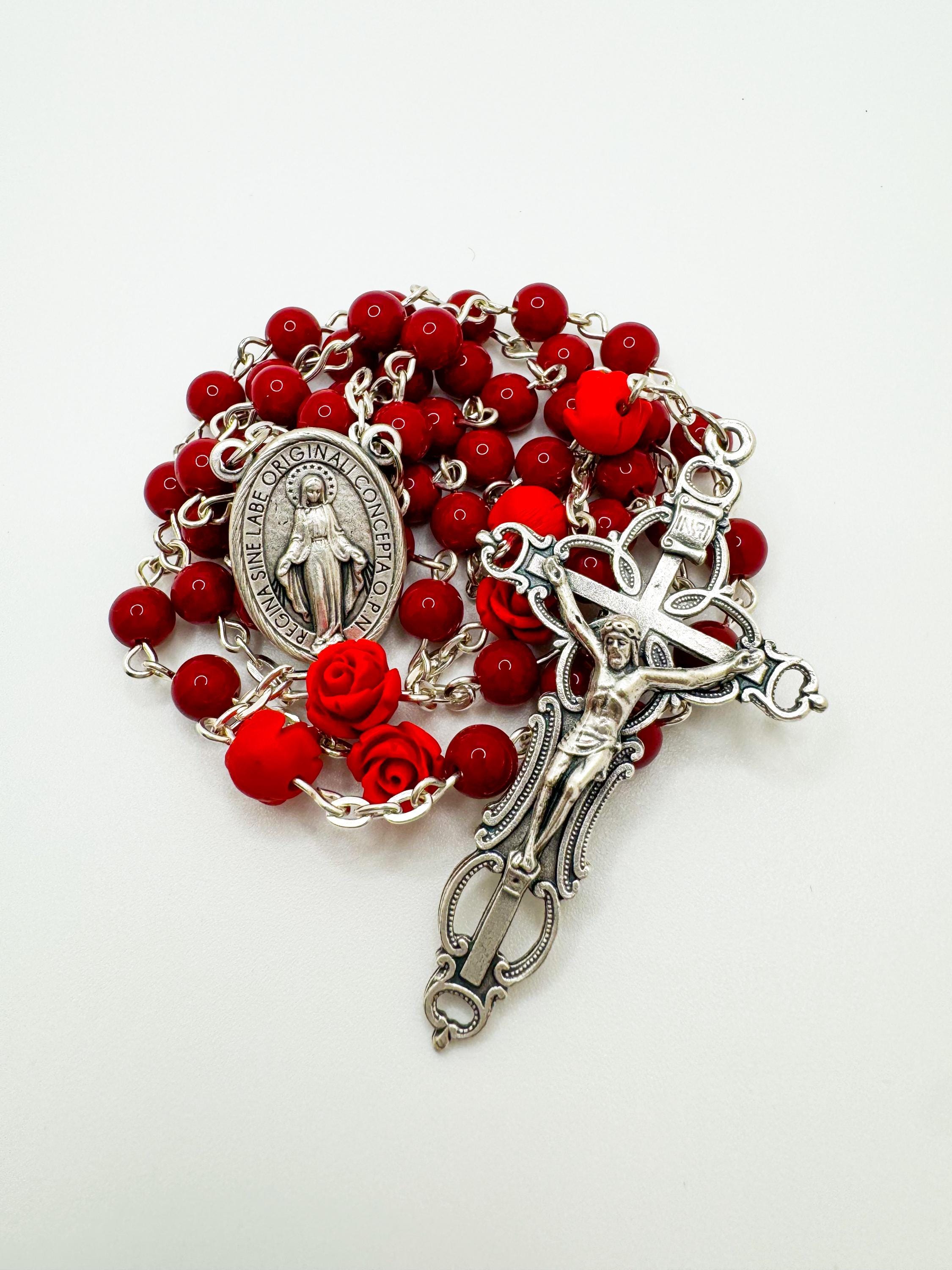 Red Rose Rosary | Miraculous Medal | Catholic Rosary | Prayer Beads ...