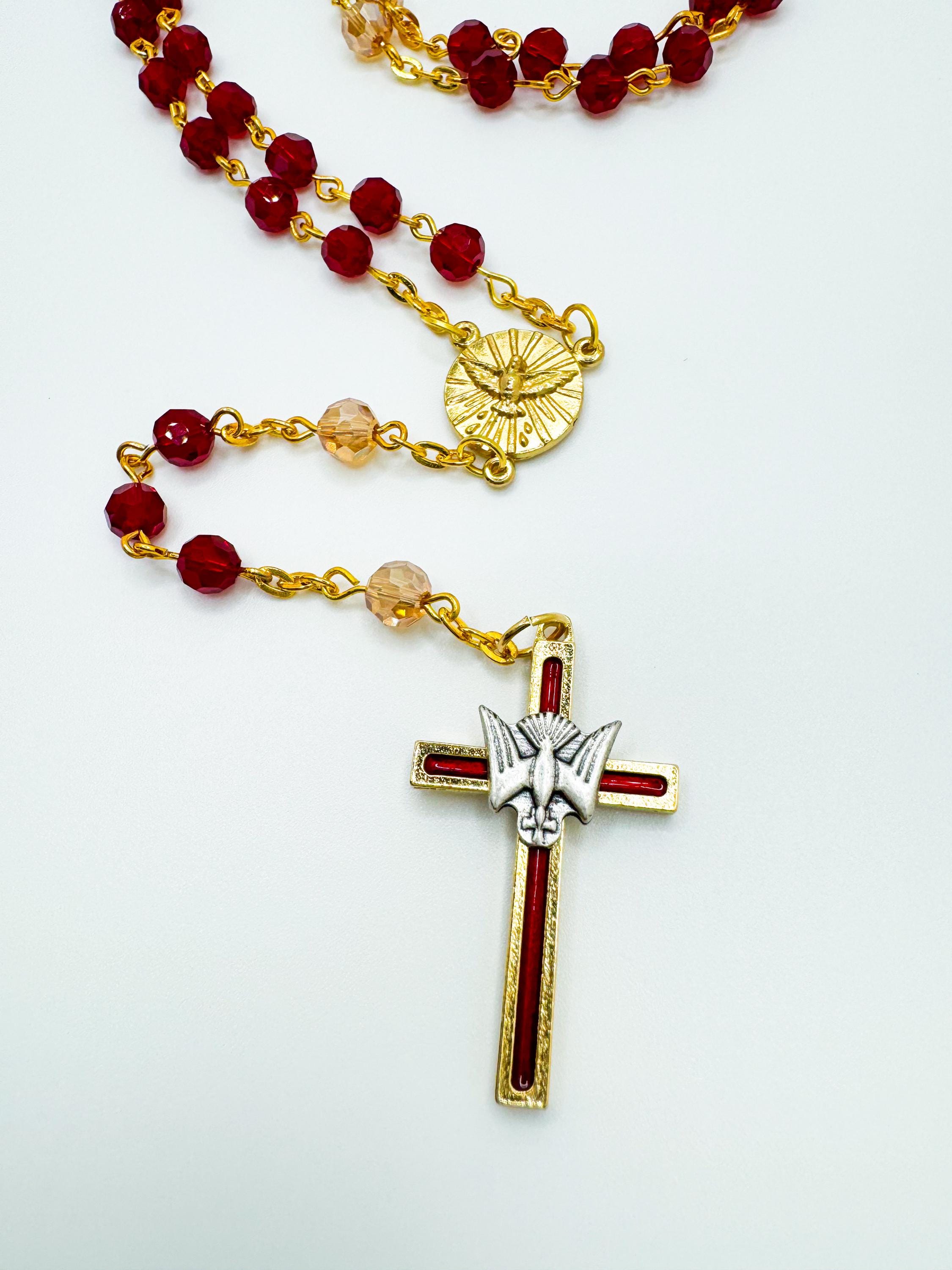 Red and Gold Catholic Rosary | Confirmation | Holy Spirit Dove | Dove ...