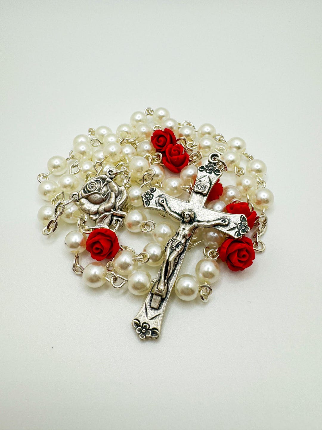 Pearl and Rose Rosary Floral Crucifix Miraculous Medal Our Lady of ...