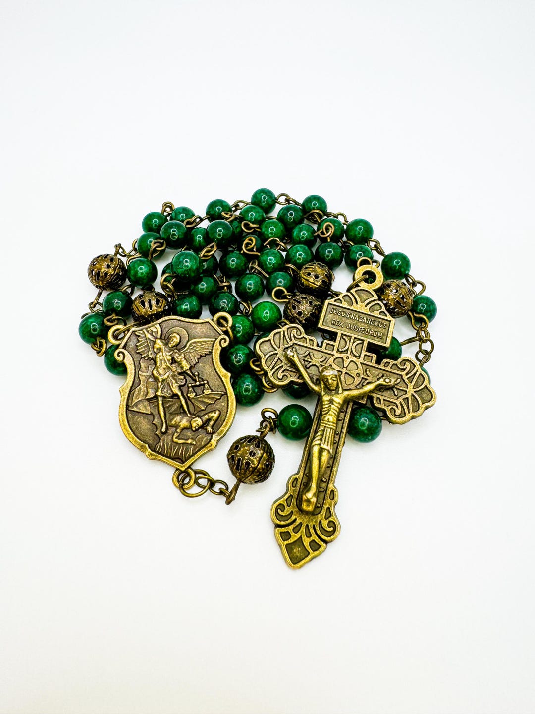Emerald Green Saint Michael Catholic Rosary | Prayer Beads | Spiritual ...