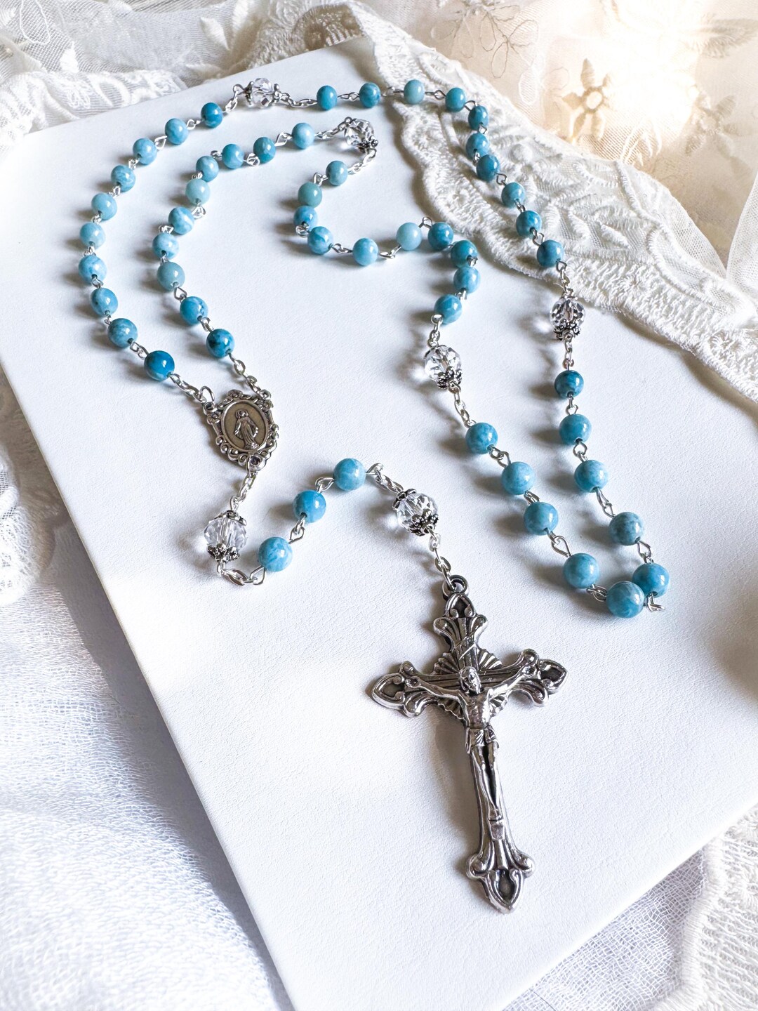 Blue Catholic Rosary | Larimar Quartz | Italian Medals | Handmade ...