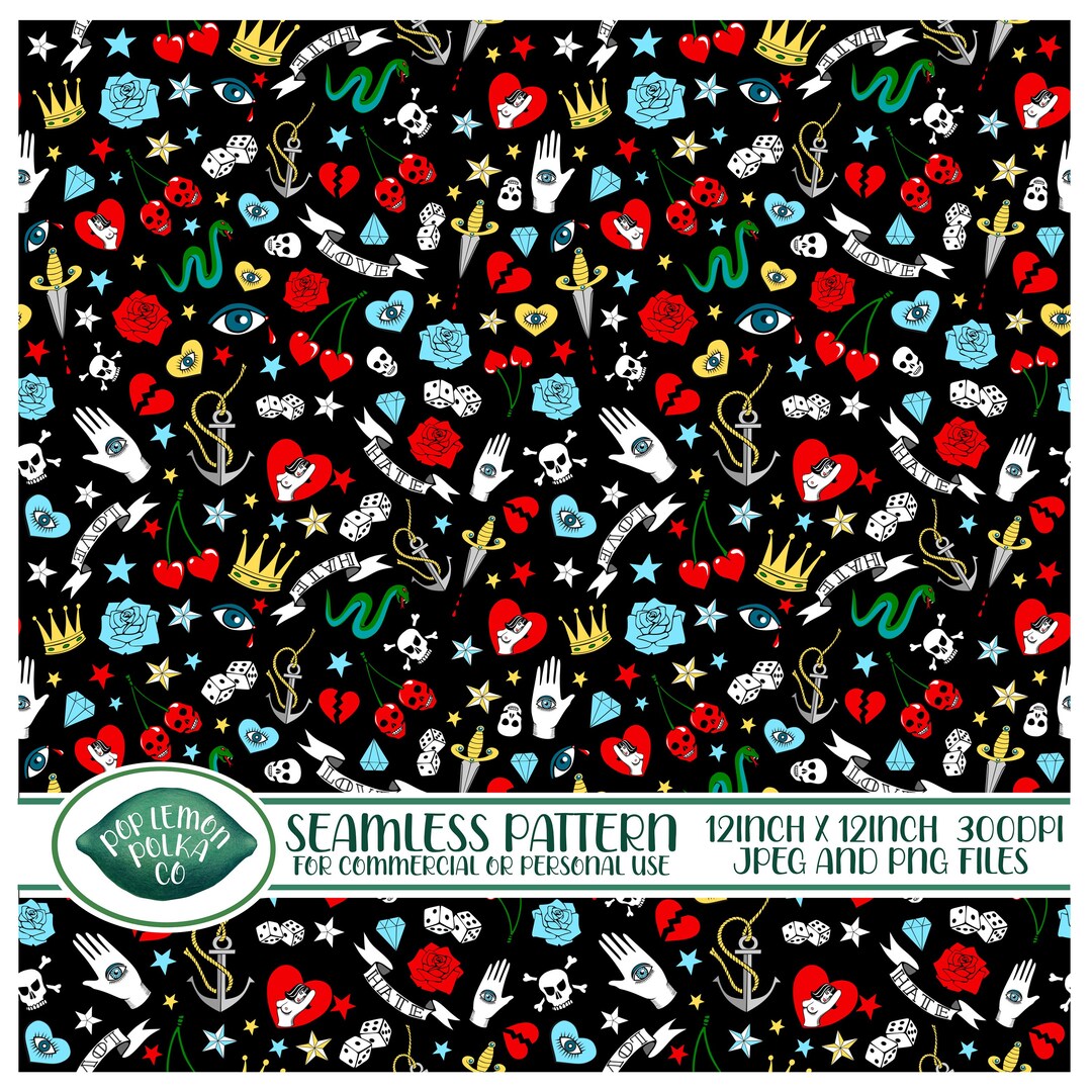 Old School Fairground Tattoos on A Black Background. Seamless Pattern ...