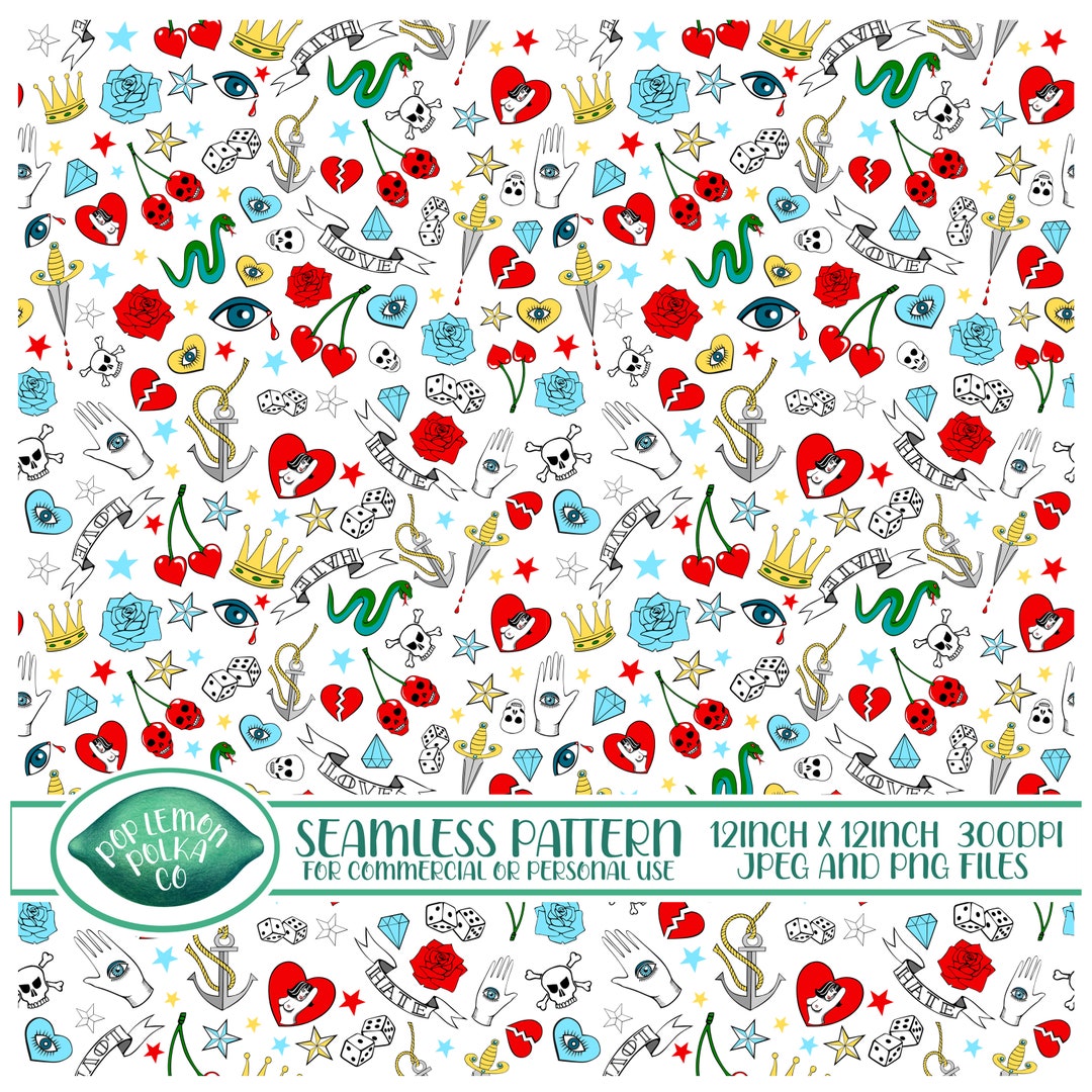 Old School Fairground Tattoos on A White Background. Seamless Pattern ...