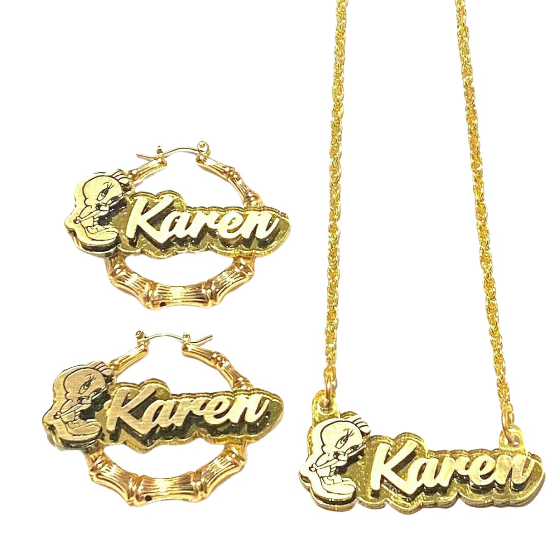 Tweety Bird Personalized Necklace and Bamboo Hoop Earrings Girls ...