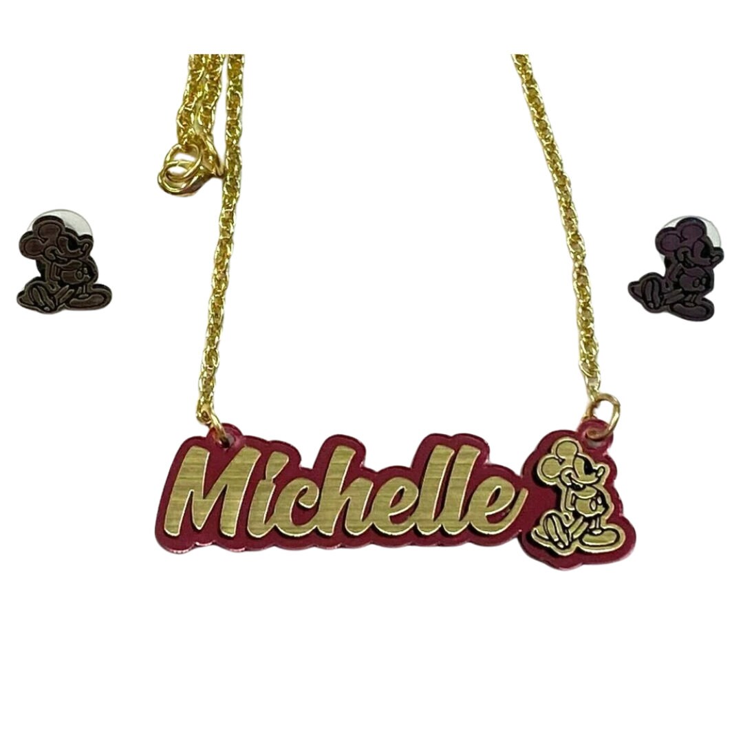 Mickey Mouse Personalized Necklace and Post Stud Earrings Quality Gold ...