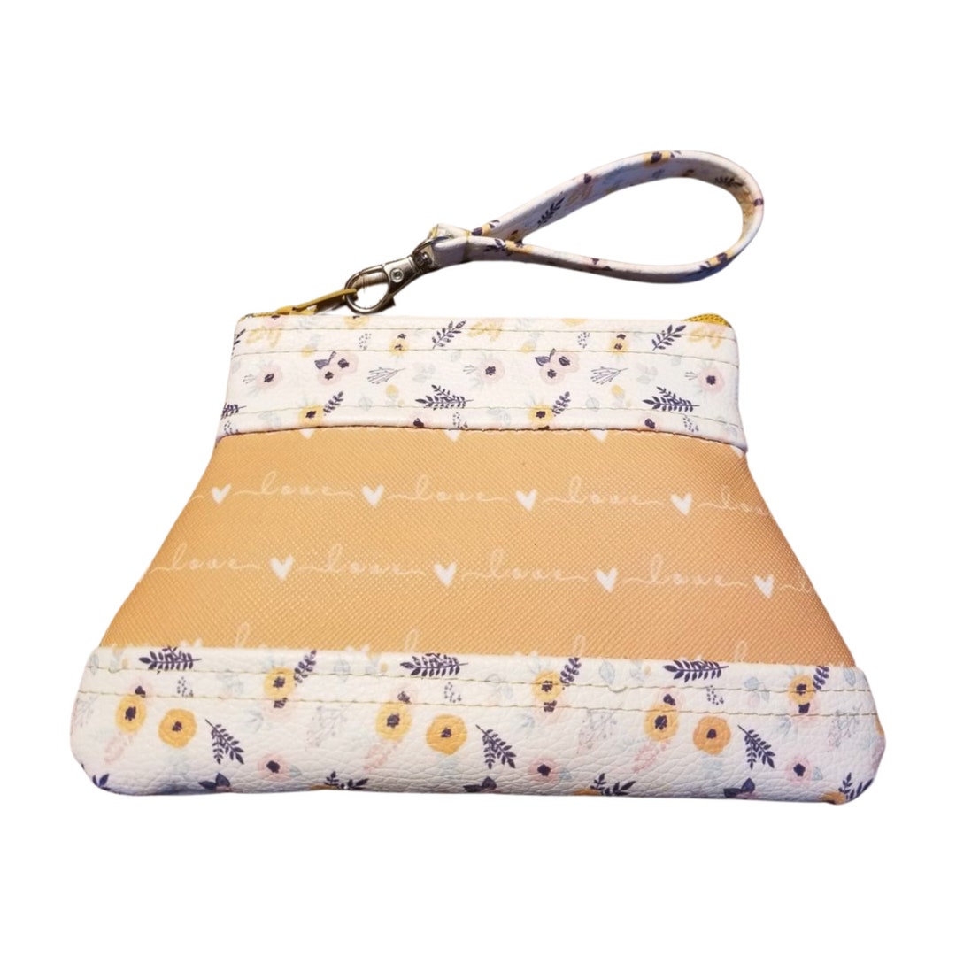 Gold and White Hearts Floral Coin Pouch With Zipper Pull - Faux Leather ...