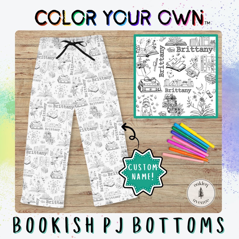 Bookish Adult Coloring Activity Pajama Bottom Custom Bookworm Color ...