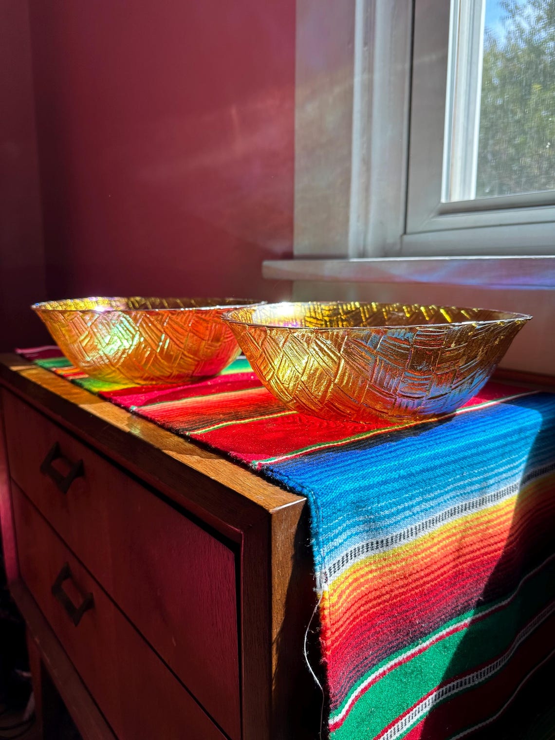 Set of 2 Indiana Glass Oil Slick Amber Carnival Glass Weavetex ...