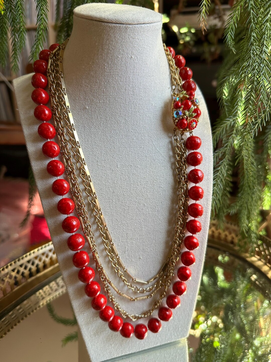 Fantastic 1960's Miriam Haskell-style Cherry Red Aurora Borealis Clasp ...