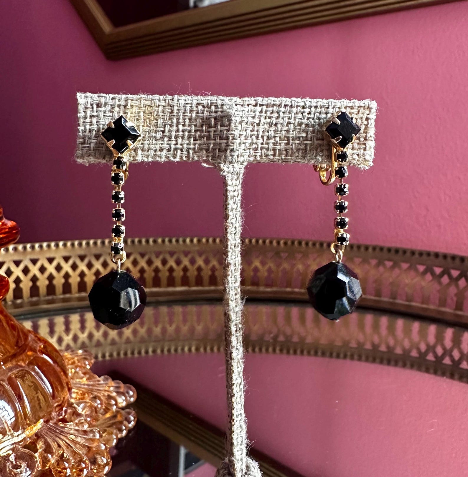 1970's Manhattan Neat French Jet Black Glass Rhinestone Dangle Drop ...