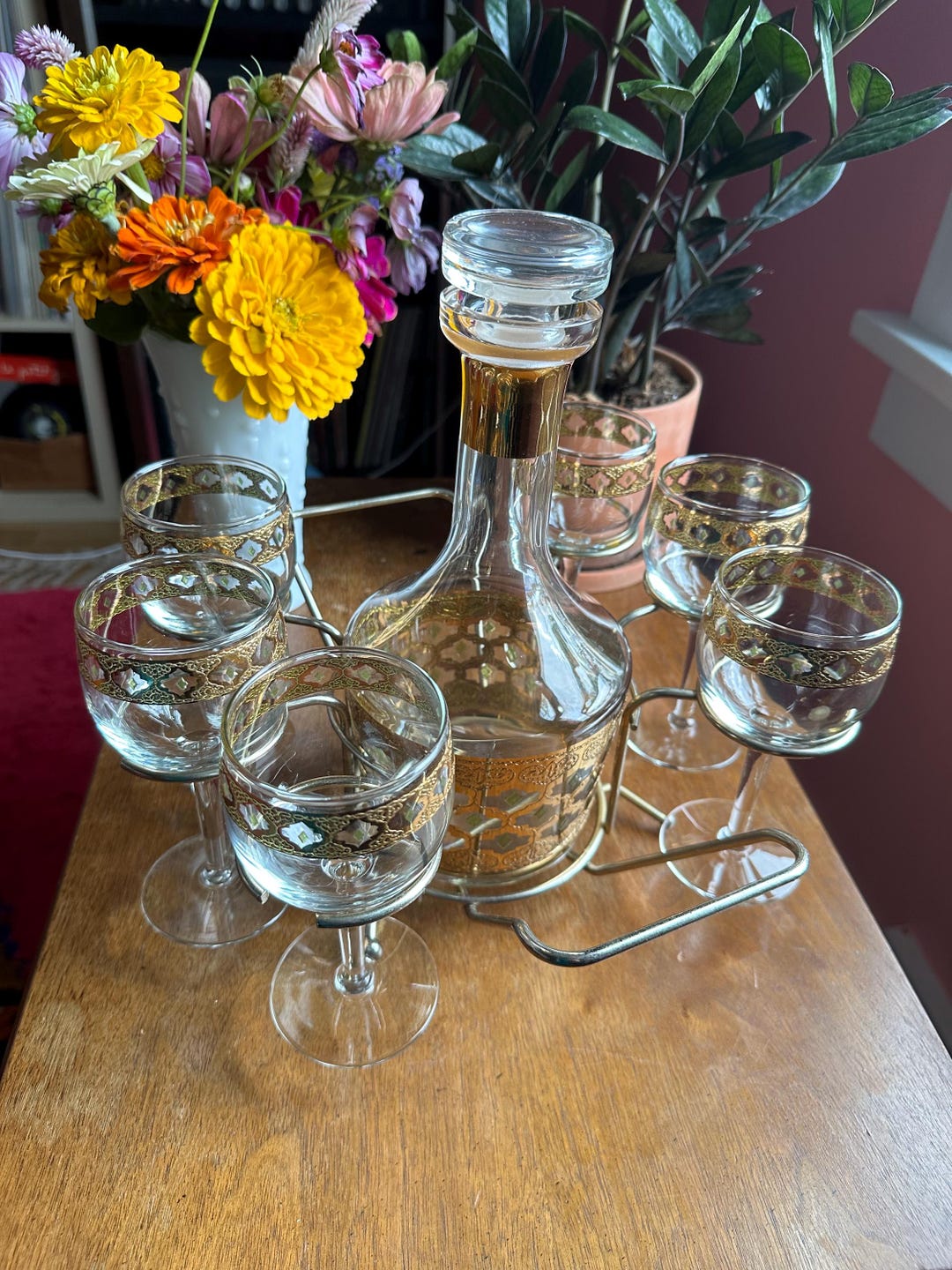 1960's Culver Valencia 8-piece 22k Gold Trim Decanter Wine Glass and ...