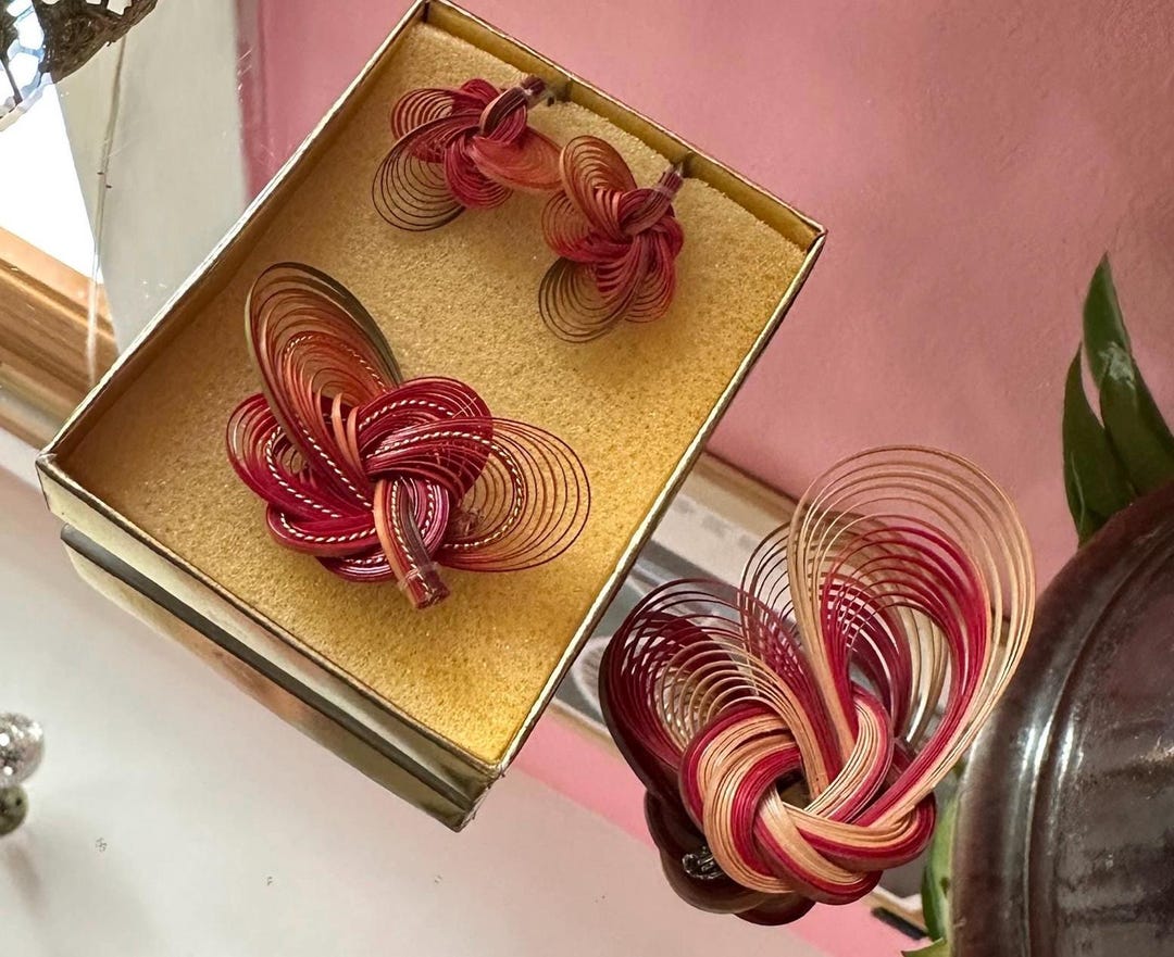 1970s Quilled Bamboo MCM Gallery Brooches and Earring Set Taiwan ...