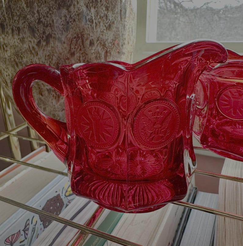 Fostoria 1970's 1886 Coin Patriotic Pattern Ruby Red Glass Sugar Bowl ...