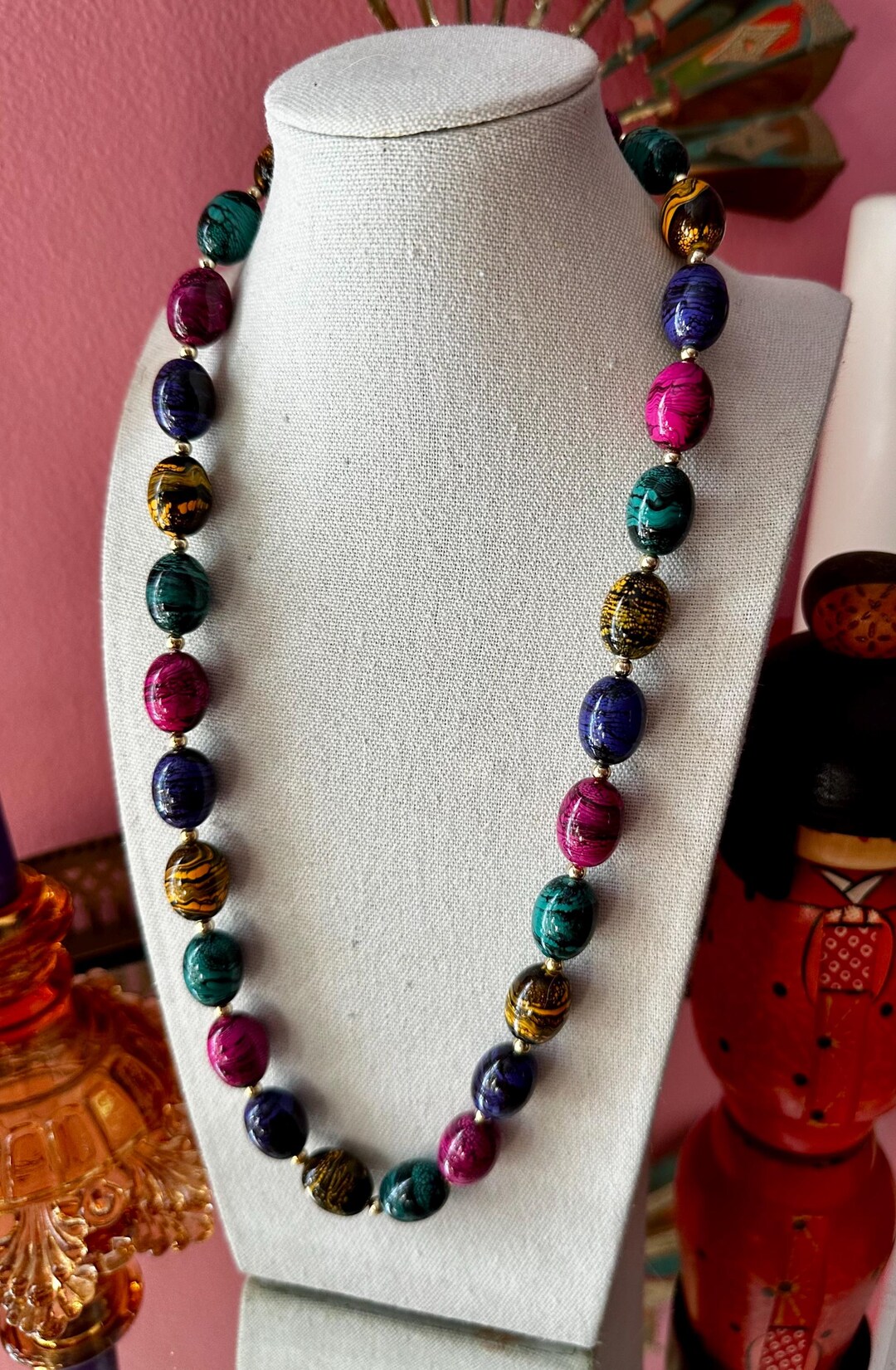 1980's Color Riot Vivid Hues Marbled Bead Necklace - Etsy