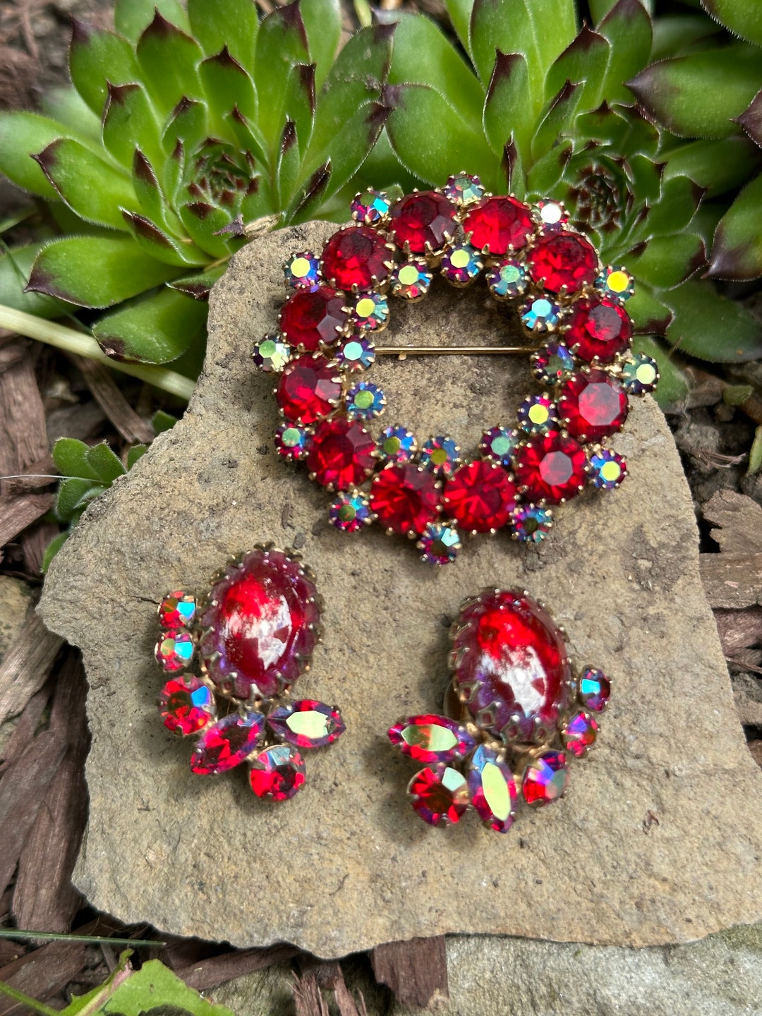 1950s Cherry Syrup Signed Sherman Red Aurora Borealis Earrings and ...