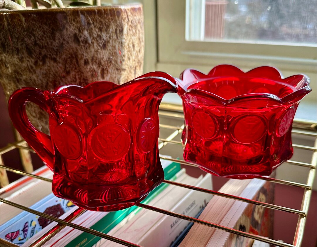 Fostoria 1970's 1886 Coin Patriotic Pattern Ruby Red Glass Sugar Bowl ...