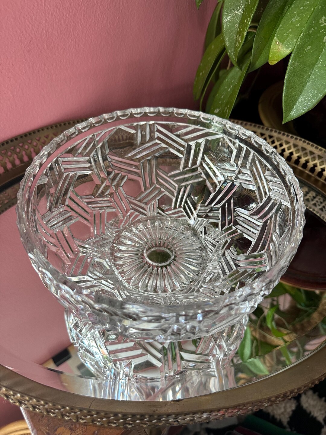1960's MCM Op Art Cut Crystal Geometric Pattern Glass Serving Fruit ...
