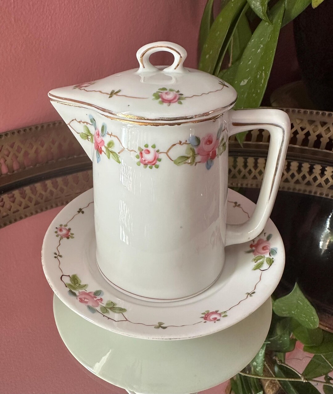 Antique Nippon Hand-painted Rose Floral Syrup Pitcher and Saucer Single ...