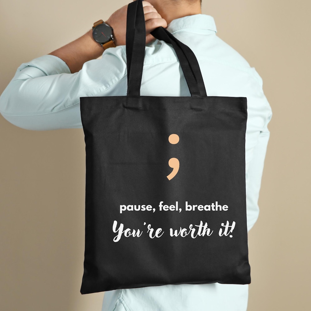 Motivational Mental Health Tote Bag, Semi Colon Black Gift for Friends ...