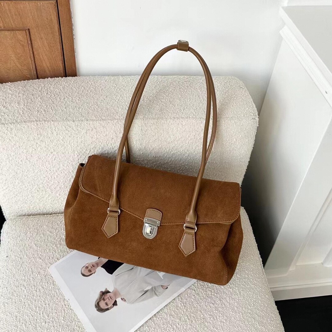 Suede Leather Shoulder Bag, Long Strap Underarm Bag, Women's Elegant ...