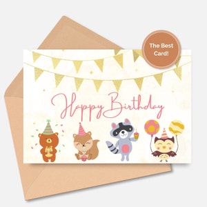 Woodland Party Animals Card, Printable Birthday Card, Birthday Card - Etsy