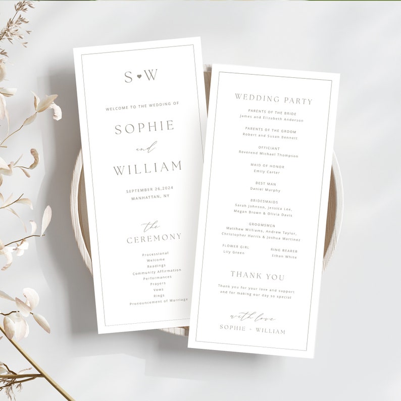 Modern Wedding Program Template, Elegant Wedding Ceremony Program ...