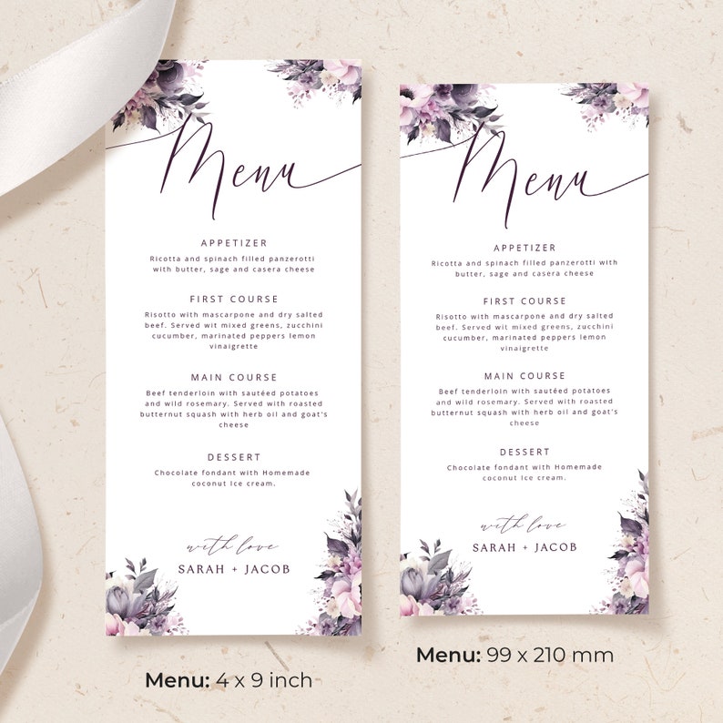 Editable Wedding Dinner Menu Template, Floral Script Reception Menu ...