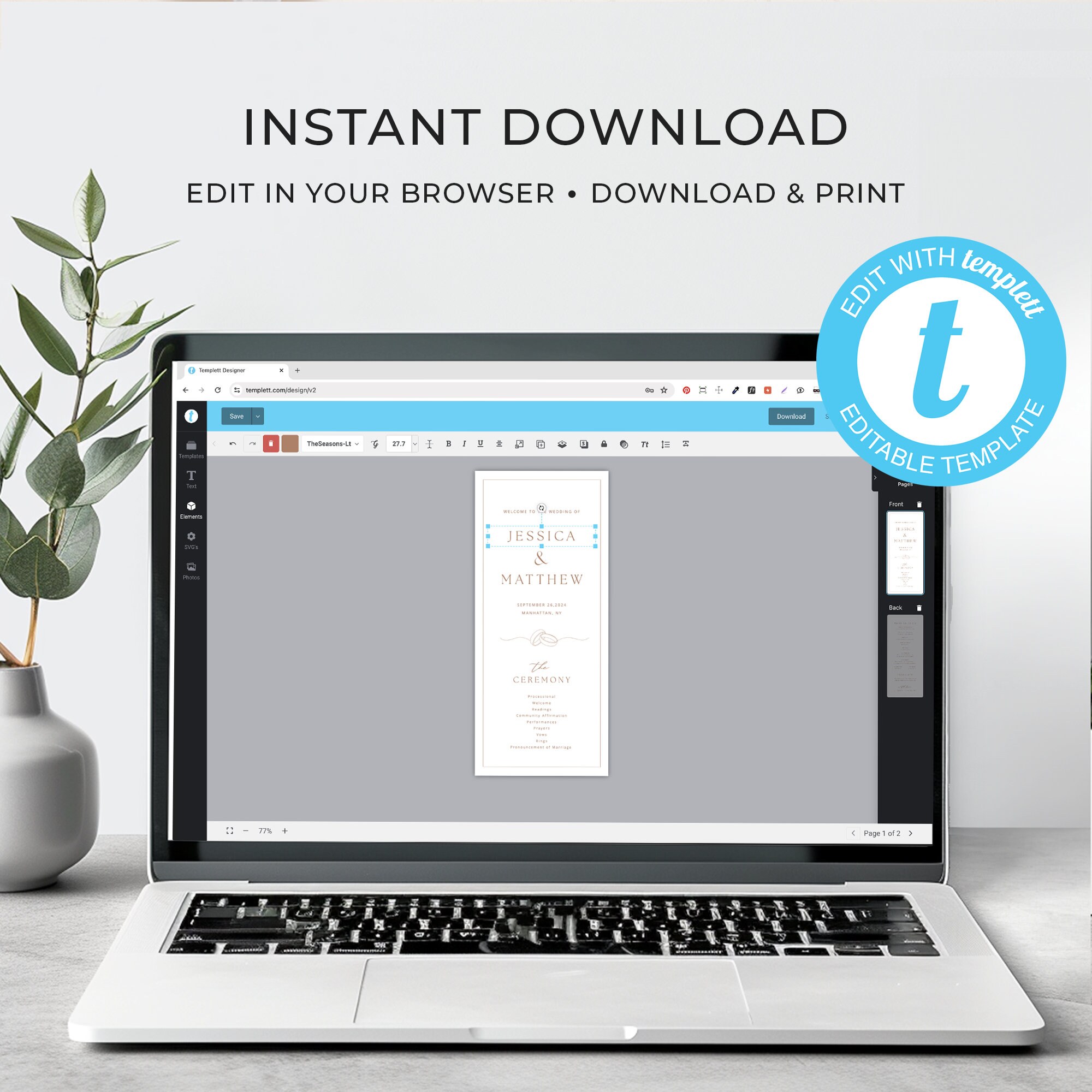 Modern Wedding Program Template, Elegant Wedding Ceremony Program With ...