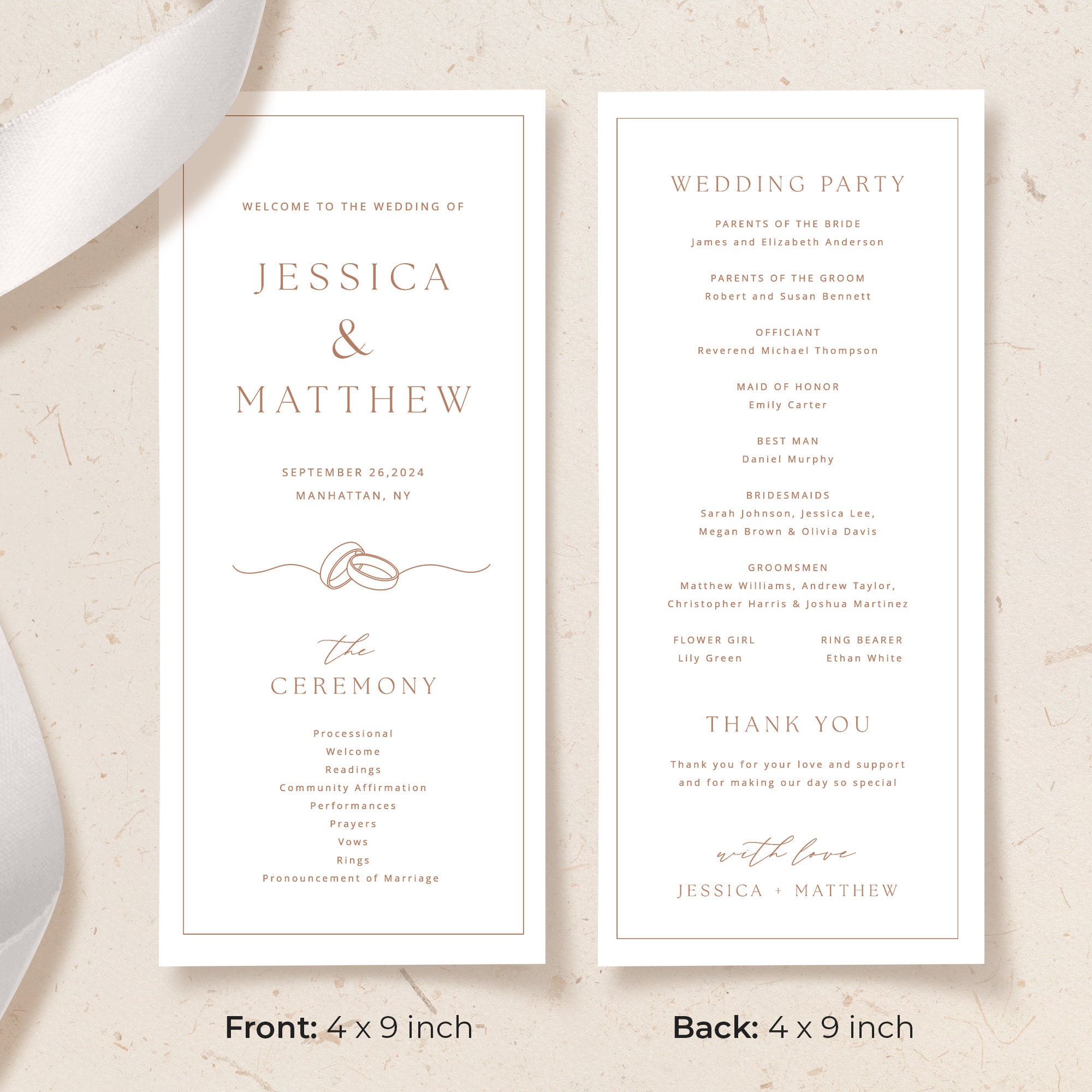 Modern Wedding Program Template, Elegant Wedding Ceremony Program With Border, DIY Program Card ...