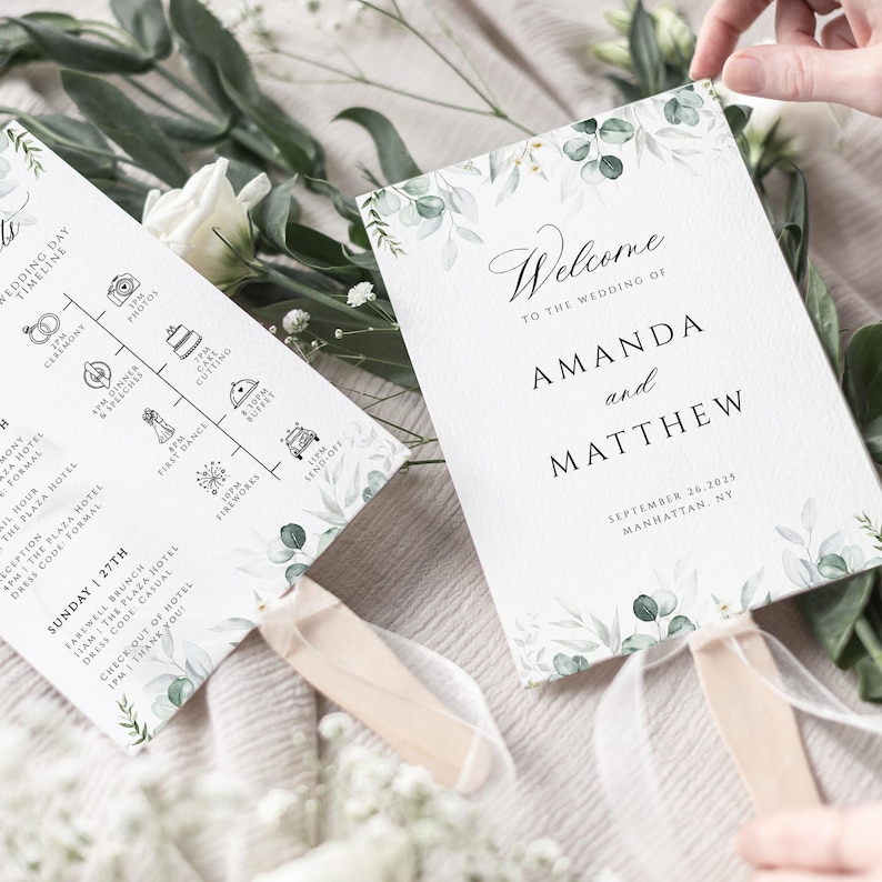 Wedding Program Fan Template Greenery Wedding Timeline Program ...