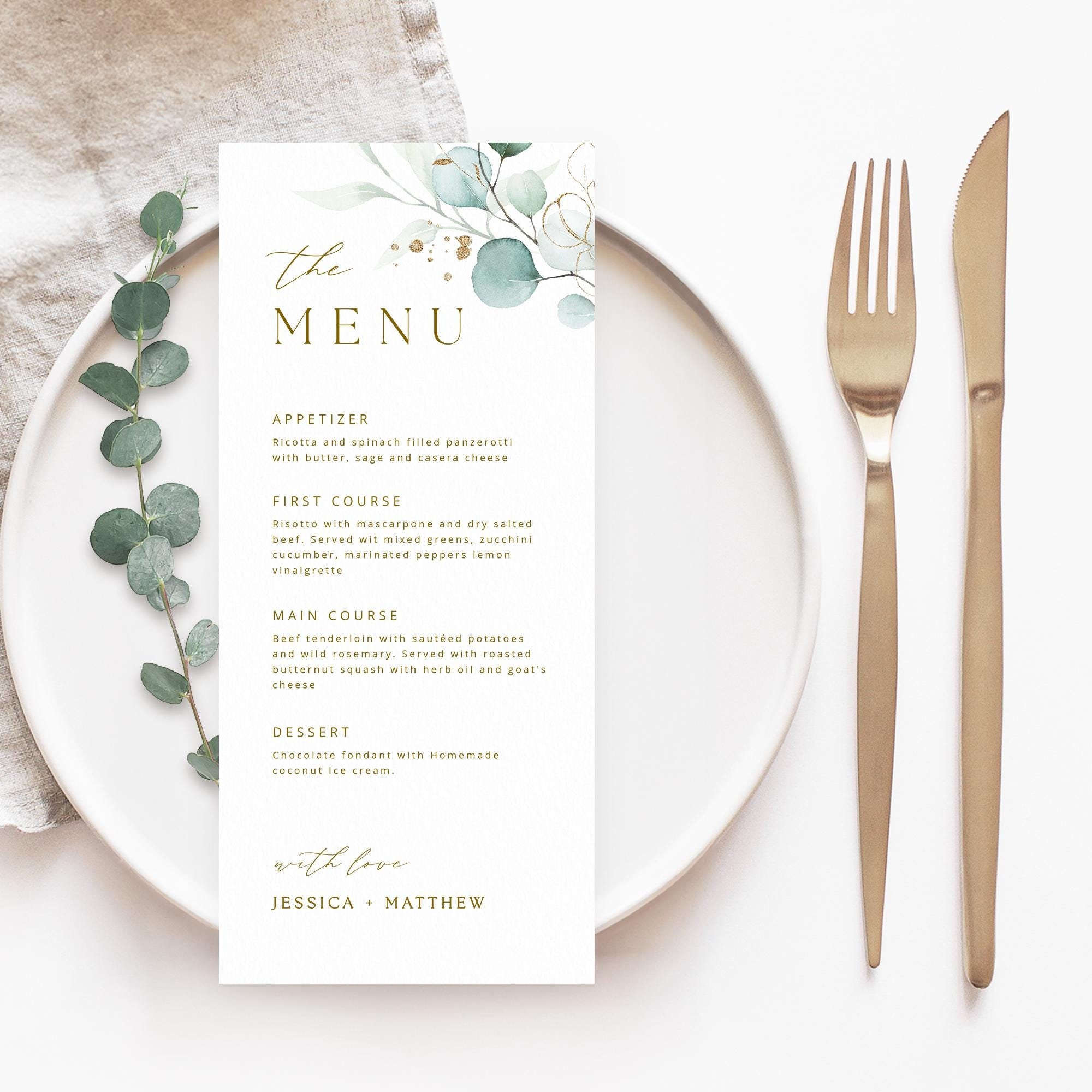 Editable Greenery Wedding Menu Template Modern Eucalyptus Dinner Menu ...