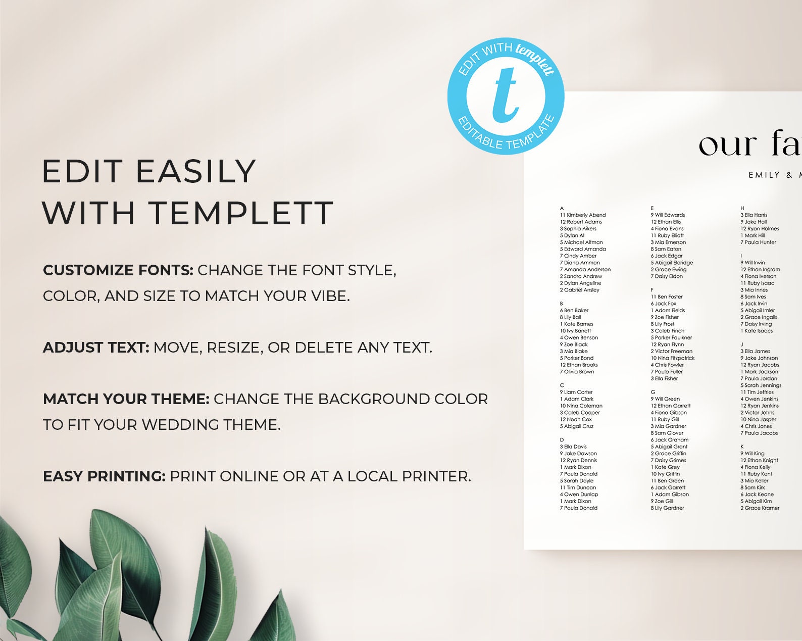 EDITABLE Wedding Seating Chart Template, Alphabetical Seating Plan ...