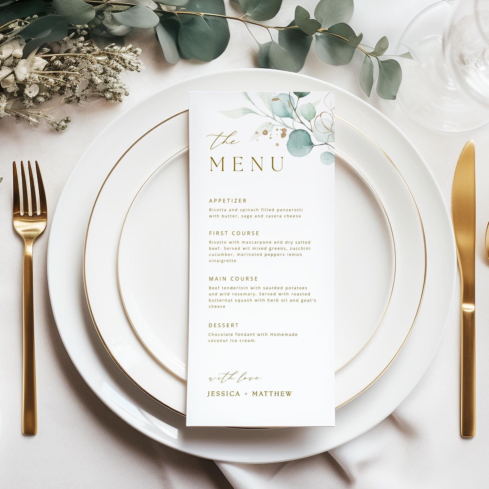 Editable Greenery Wedding Menu Template Modern Eucalyptus Dinner Menu ...