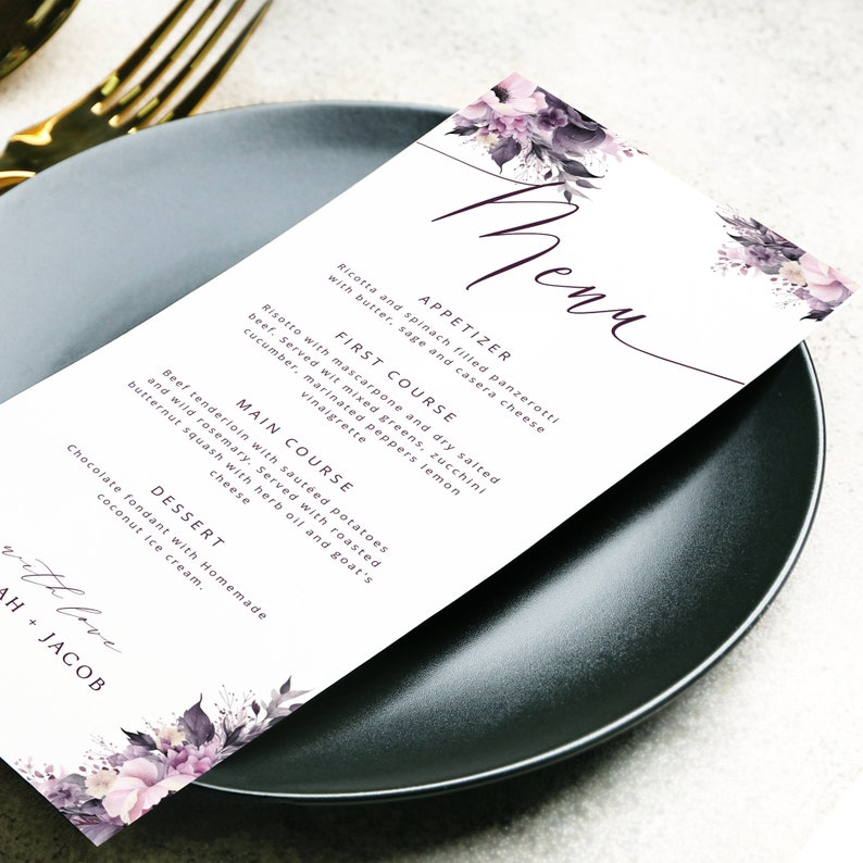 Editable Wedding Dinner Menu Template, Floral Script Reception Menu ...