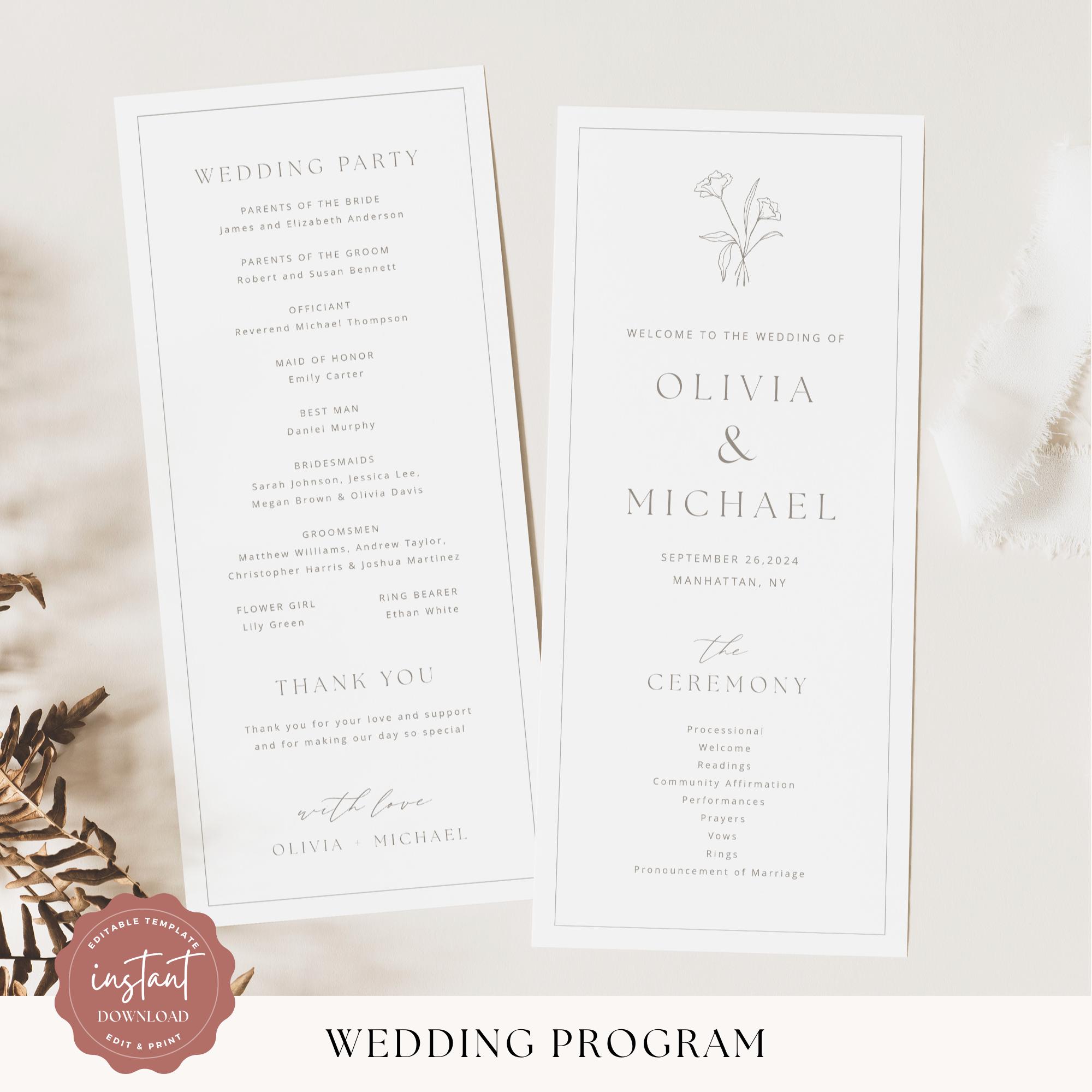 Wedding Ceremony Program Template Digital Download Minimalist ...