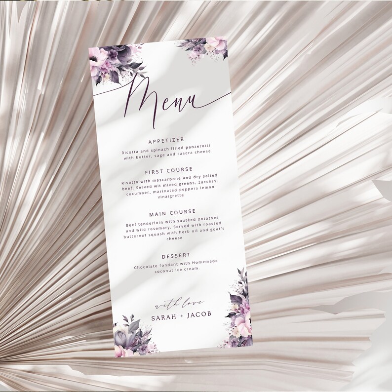 Editable Wedding Dinner Menu Template, Floral Script Reception Menu ...