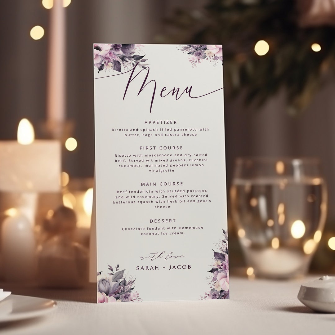 Editable Wedding Dinner Menu Template, Floral Script Reception Menu ...