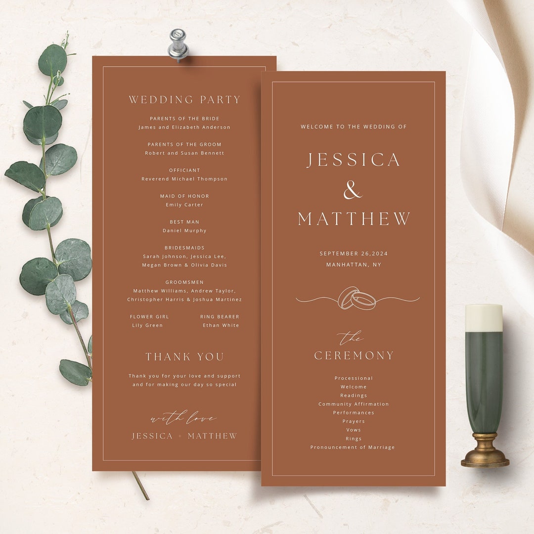 Terracotta Wedding Program, Boho Wedding Program Template, Minimal ...