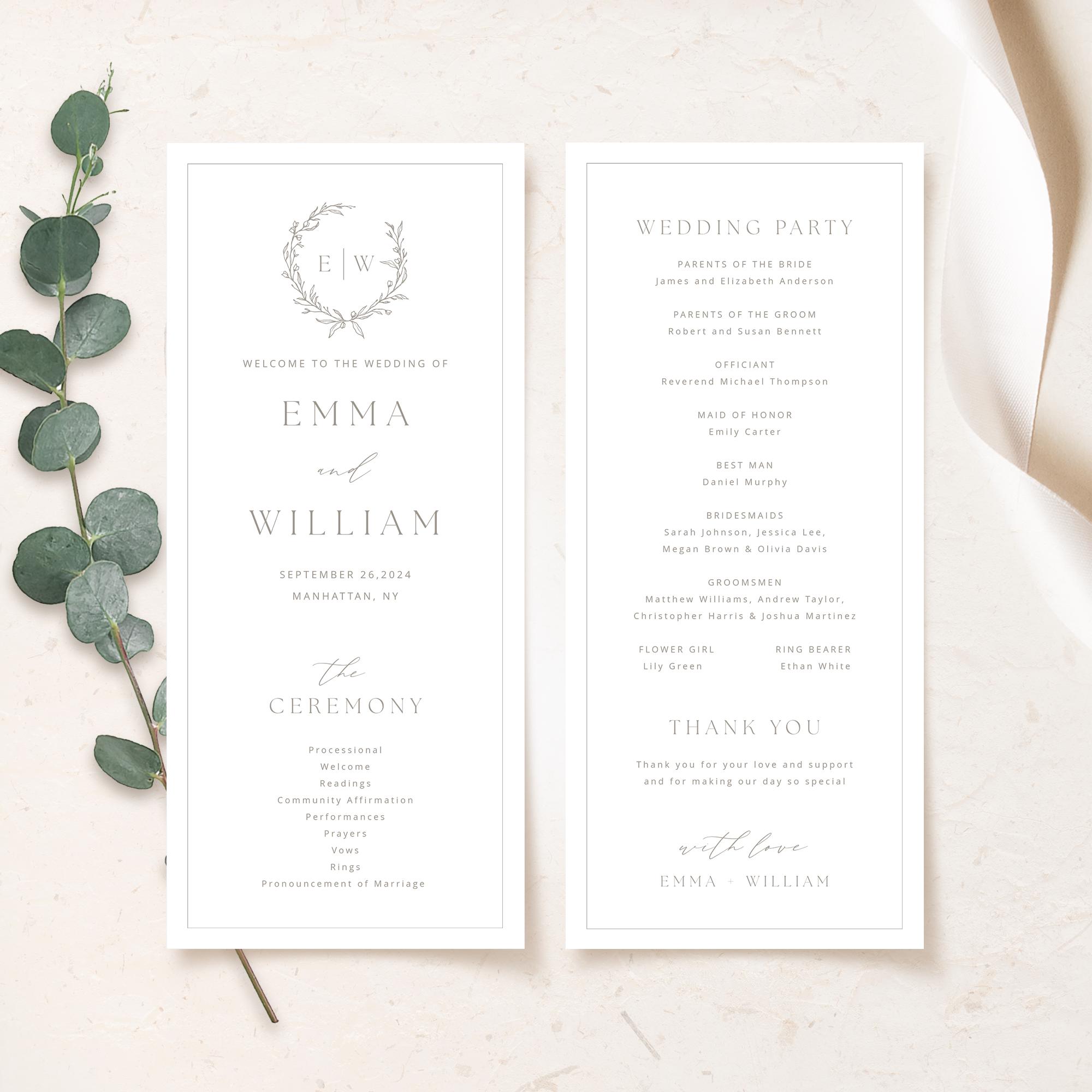 Wedding Program Template Monogram Elegant Ceremony Program Instant ...