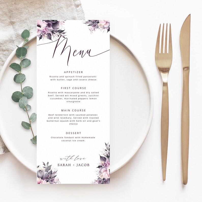 Editable Wedding Dinner Menu Template, Floral Script Reception Menu ...