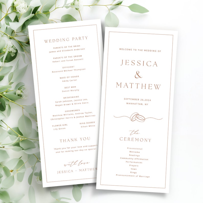 Modern Wedding Program Template, Elegant Wedding Ceremony Program With Border, DIY Program Card ...