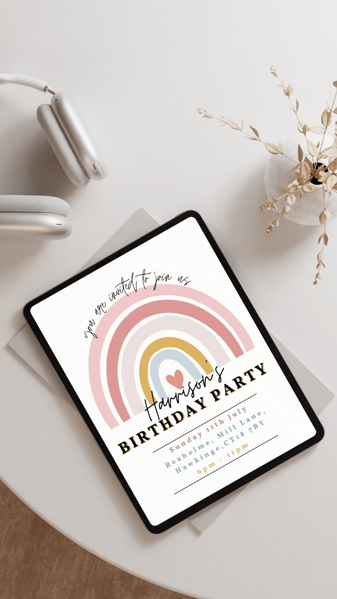 Editable Boho Rainbow Digital Invitation Colorful Chic Birthday, Baby ...