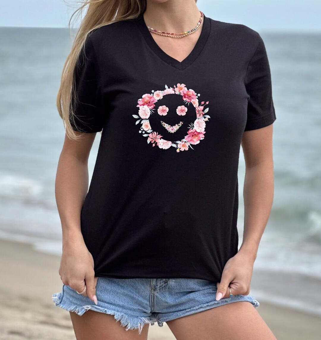 Smile Smiley Positive Like Flowers Unisex Jersey Short Sleeve V-neck ...