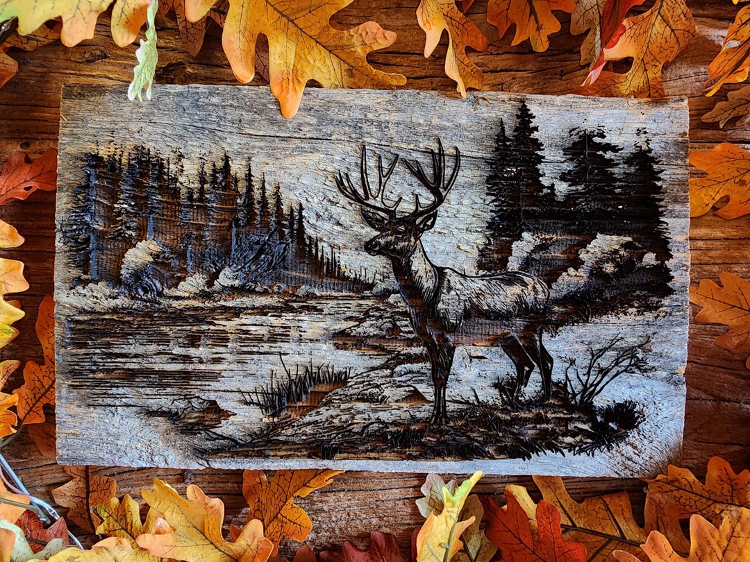 Hand Crafted Deep Laser Engraved Whitetail Deer Scene Weathered Grey ...