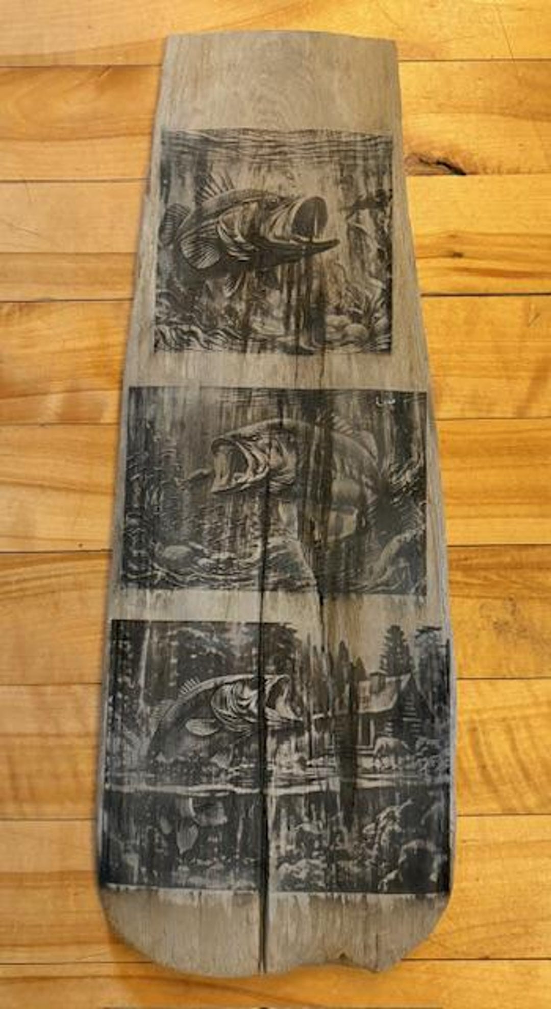 Vintage cassé canoë pagaie bois flotté poisson Plaque gravure sur bois ...