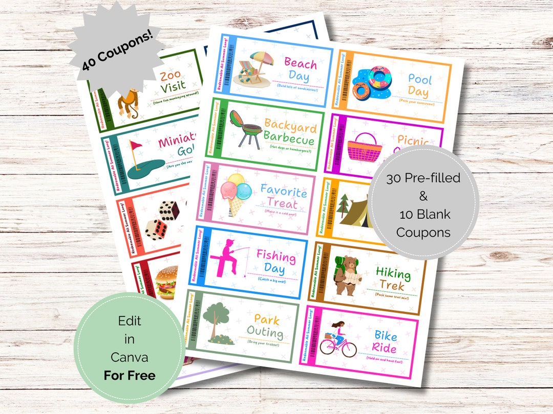 Printable Kids Summer Reward Coupons, Editable Coupons, Digital Kids ...