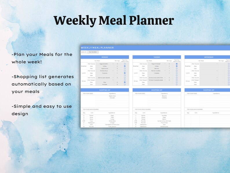 Simple Weekly Meal Planner and Grocery List Google Sheets Template ...